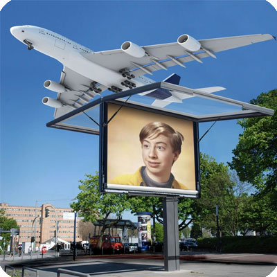 Photo effects. Airplane flies over the city