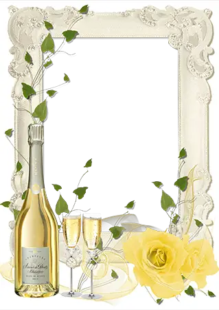 Photo frames. Wedding champagne and delicate roses