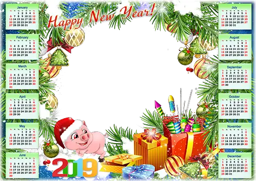 Photo frames. Calendar 2019. Piggy and gift boxes