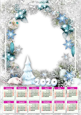 Photo frames. Calendar 2020. White patterns