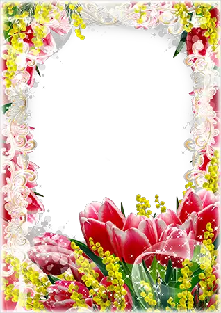 Photo frames. Floral frame with red tulips and yellow flowers