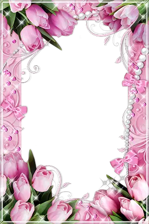 Photo frames. Delightful pink tulips with pearls