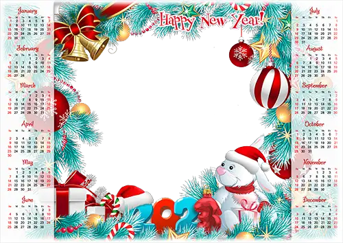 Photo frames. Calendar 2023. Painted white rabbit
