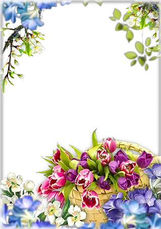 Photo frames. Fresh flowers around